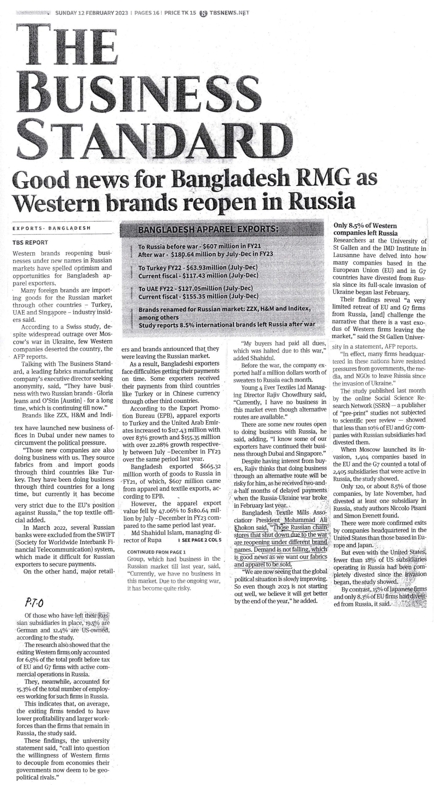 Good news for Bangladesh RMG as Western brands reopen in Russia- The ...