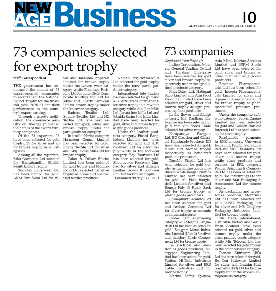 73 companies selected for export trophy- New Age - Bangladesh Textile ...